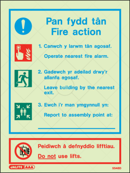 Fire Action Notice with procedures - Pan fydd tân | Jalite USA