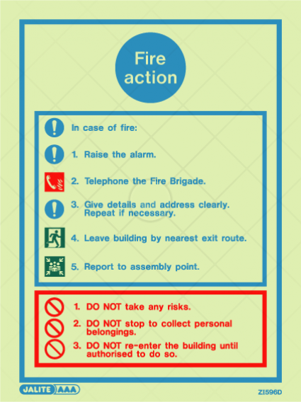 Fire action notice. In case of fire | Jalite USA